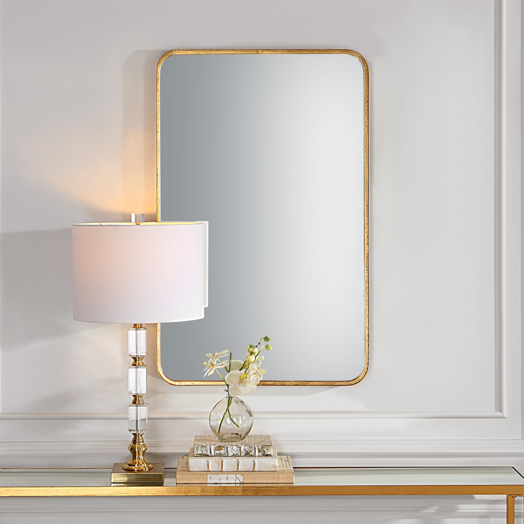 The Natchez Rectangular Gold Framed Vanity Mirror With Rounded Corners ...